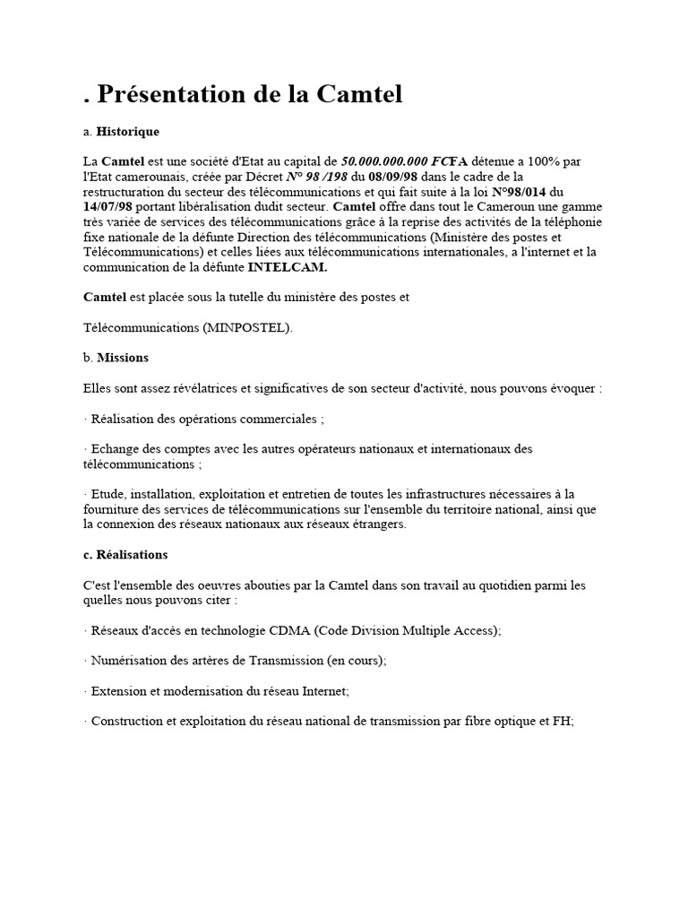 Présentation de La Camtel | PDF | Télécommunications | Système d ...