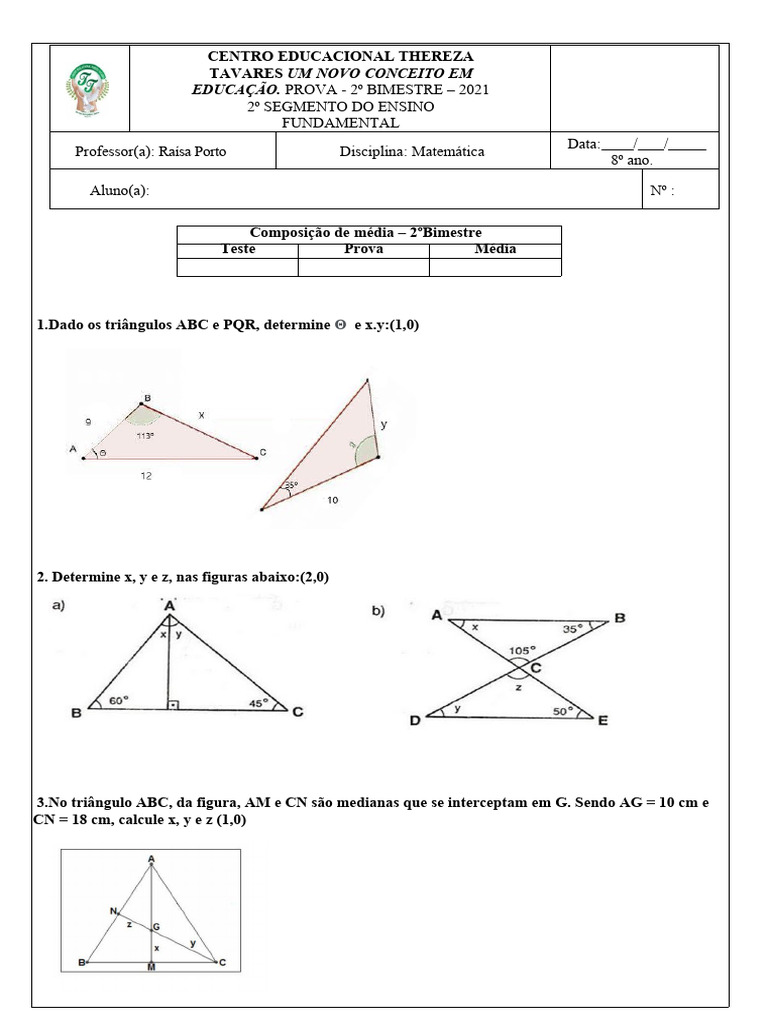 Prova 2º Bim | PDF | Triângulo | Matemática elementar