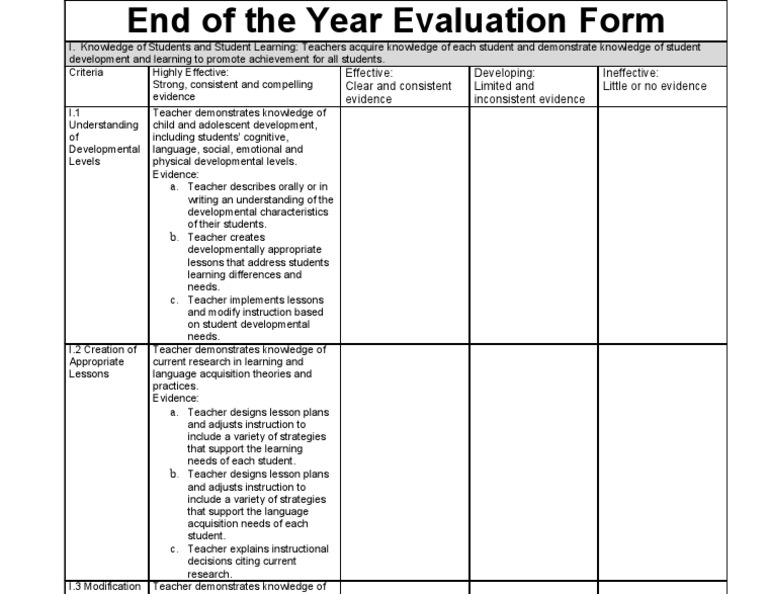 End of Year Teacher Evaluation Criteria | PDF | Career & Growth ...