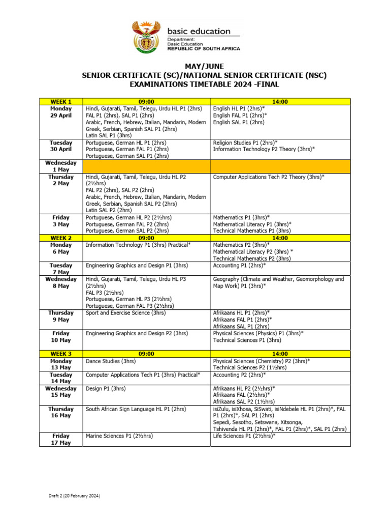 2024 NSC/SC Exam Timetable Overview | PDF | Languages | Foreign ...