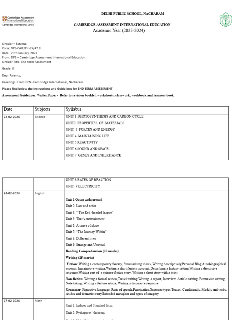 Grade 8 - Endterm - Syllabus and Date Sheet | PDF | Area | Equations