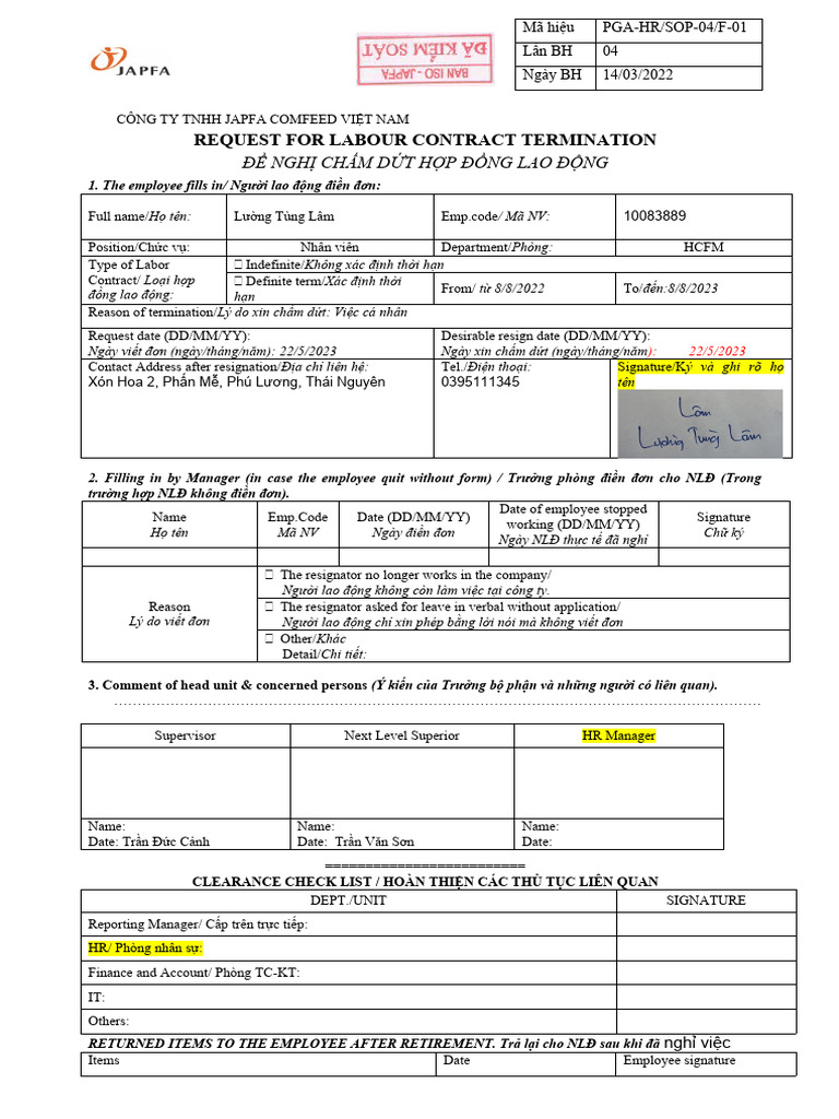 Form de Nghi Cham Dut HDLD | PDF