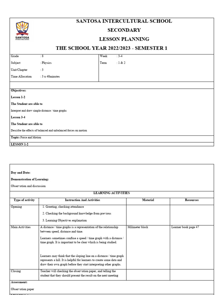 Lesson Plan G8 Week 3 4 Pdf Force Learning