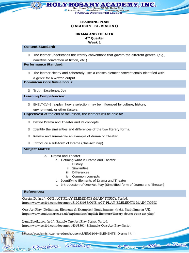 Drama and Theater Learning Plan | PDF | Play (Theatre) | Actor