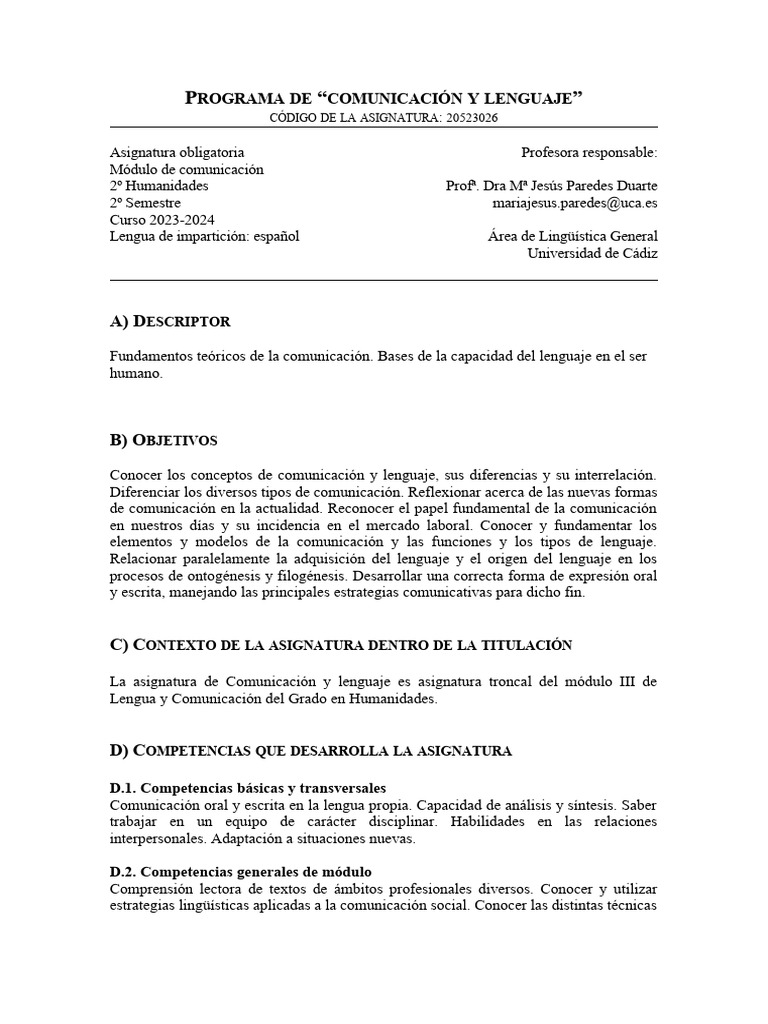programa de comunicación y lenguaje2024 (1) | PDF | Comunicación ...