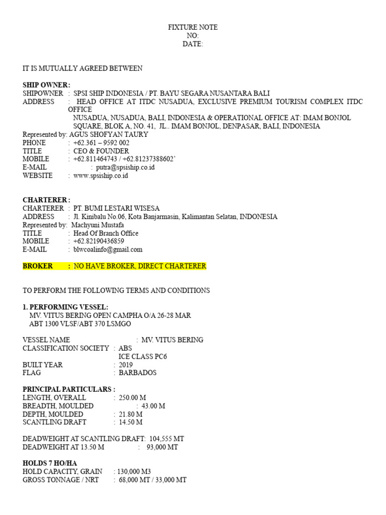 Draft of Fixture Note Mv. Vitus Dering | PDF | Cargo | Shipping