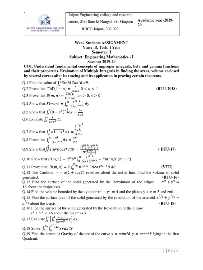 Weak Student Assignment (Engineering Mathematics-1) | Download Free PDF | Area | Integral