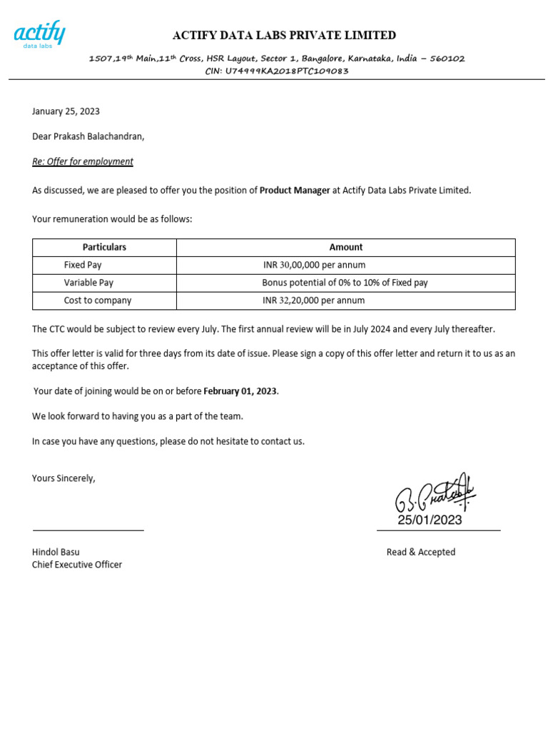 Prakash Balachandran - Offer Letter | PDF