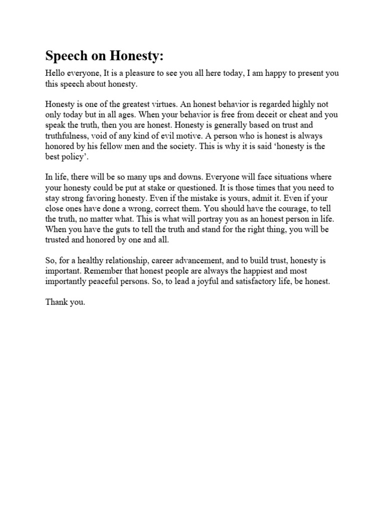 Speech on Honesty | PDF