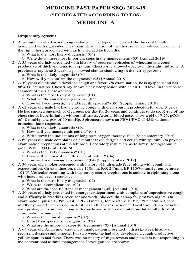 MEDICINE PAST PAPER SEQs 2016-19 (Segregated According To TOS) 2 | PDF ...
