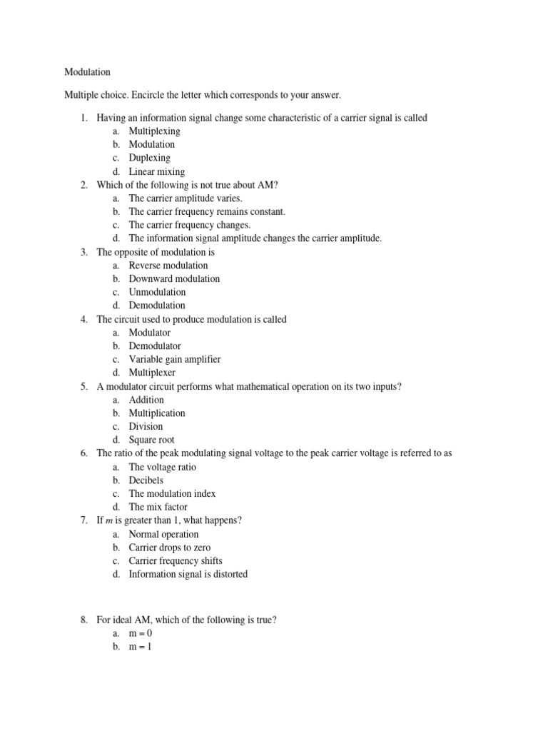 Modulation Worksheet | Download Free PDF | Modulation | Electronic Circuits