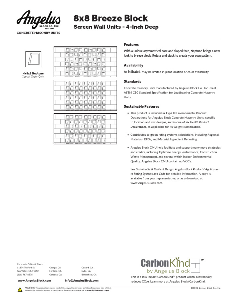 Angelus 8x8 Breeze Block 4in Deep TDS | PDF | Concrete | Masonry