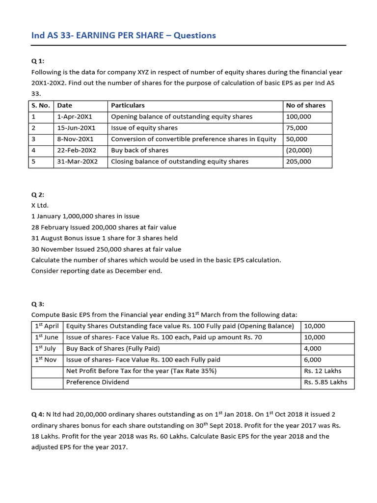Ind AS 33 - EPS - Questions | PDF | Dividend | Earnings Per Share