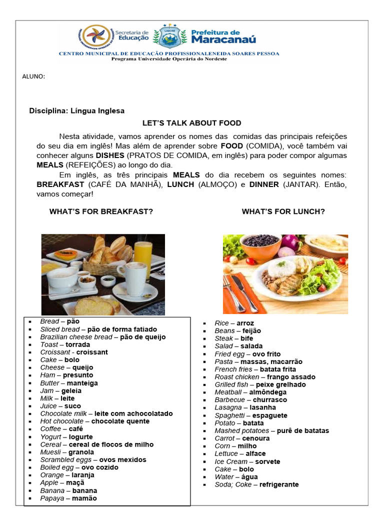 Atividades de Inglês: Comidas e Refeições | PDF | Alimentos | Culinária