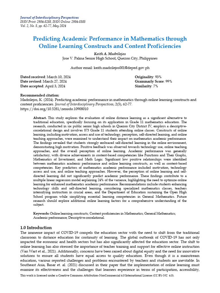 Predicting Academic Performance In Mathematics Through Online Learning