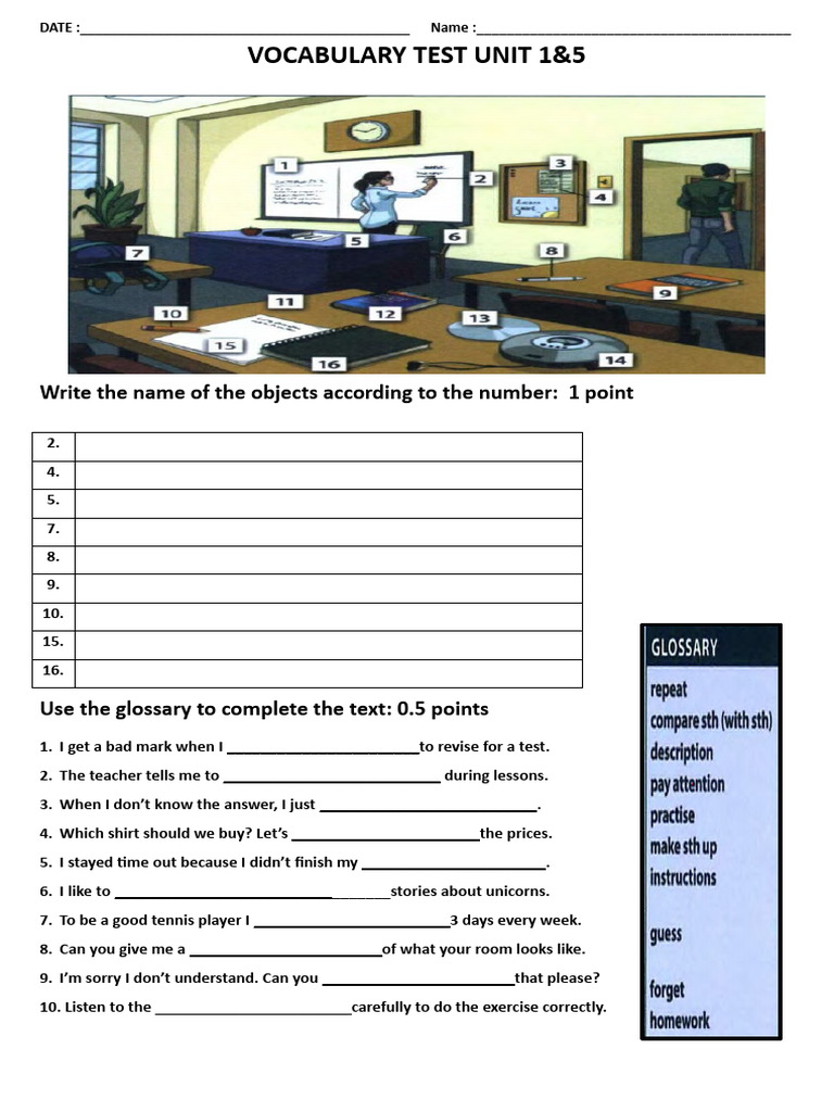 A1 VOCABULARY TEST UNIT 1 and 5 | PDF