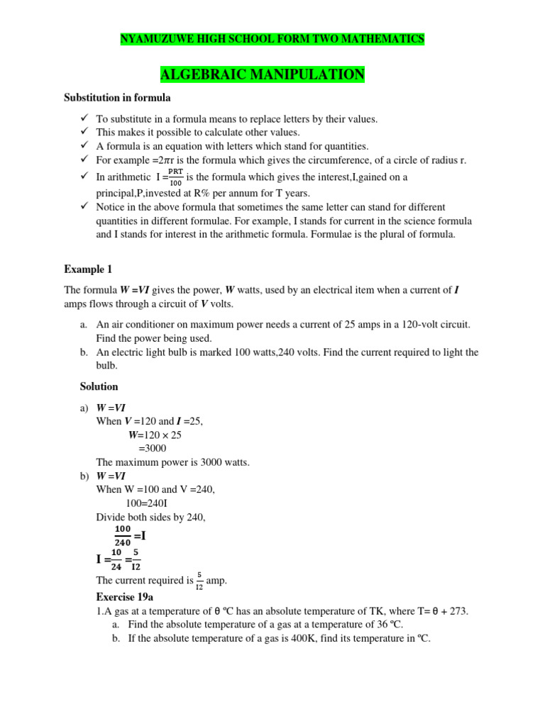 Form Two Maths Algebraic Manipulation | PDF | Formula | Area