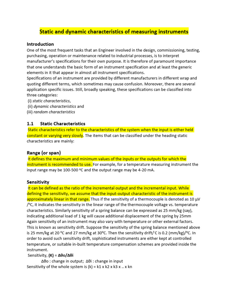 Static and Dynamic Characteristics of Measuring Instruments | PDF | Observational Error ...