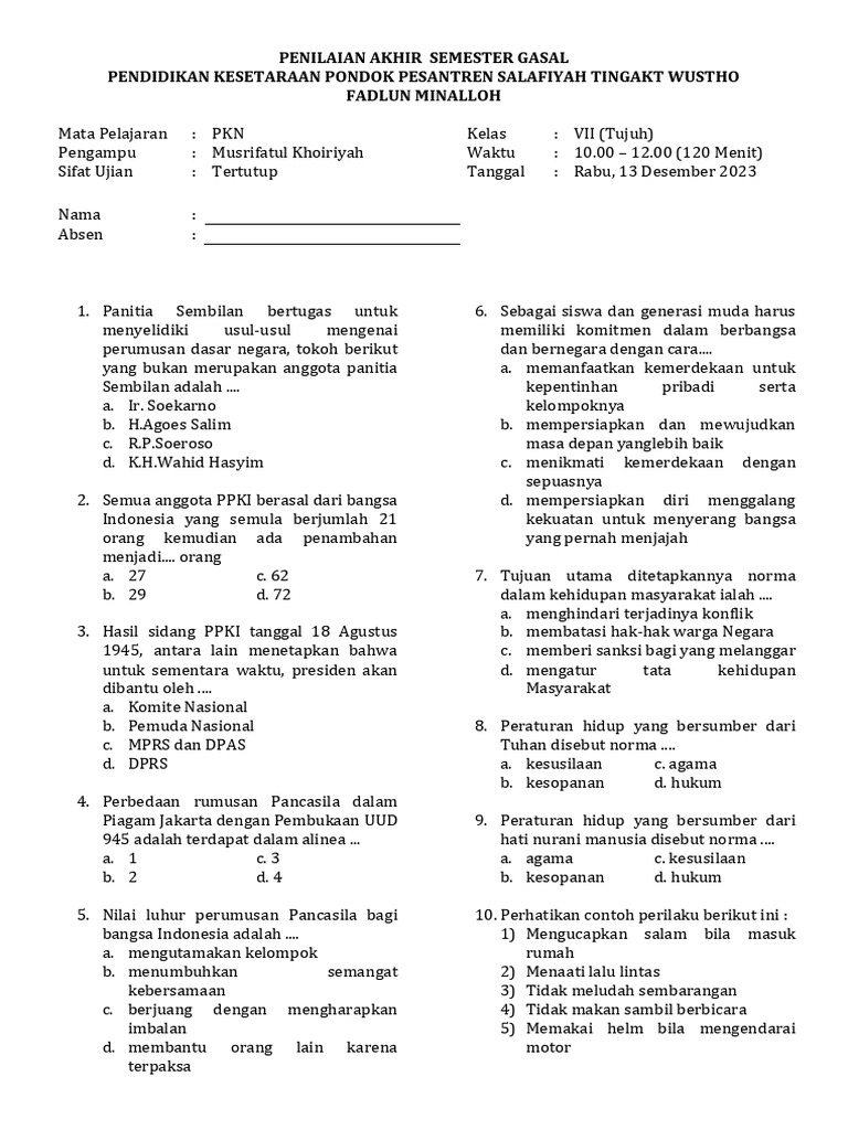Soal Pas PKN Kelas 7 Semester Ganjil | PDF