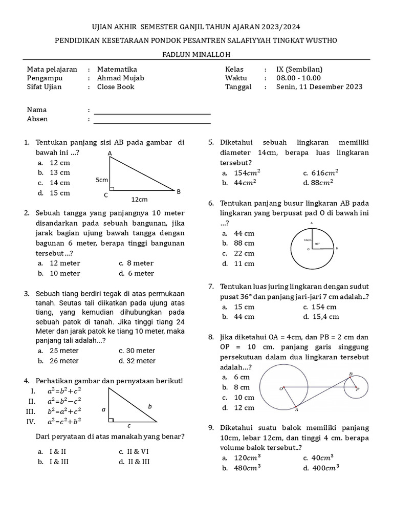 Soal Pas MTK Kelas 9 Semester Ganjil | PDF