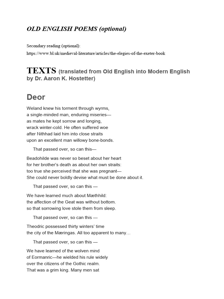 OLD ENGLISH POEMS (Optional Readings) | PDF