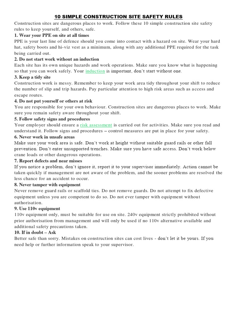 10 Simple Construction Site Safety Rules | PDF | Personal Protective ...