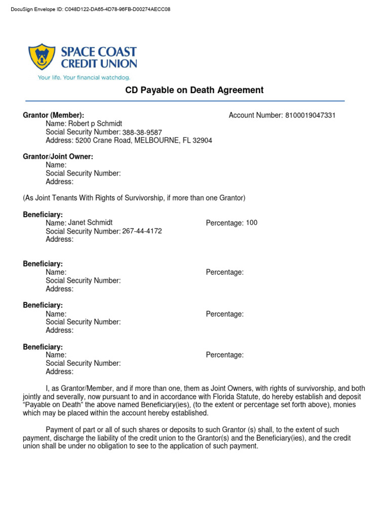 CD Payable on Death Agreement | PDF | Certificate Of Deposit