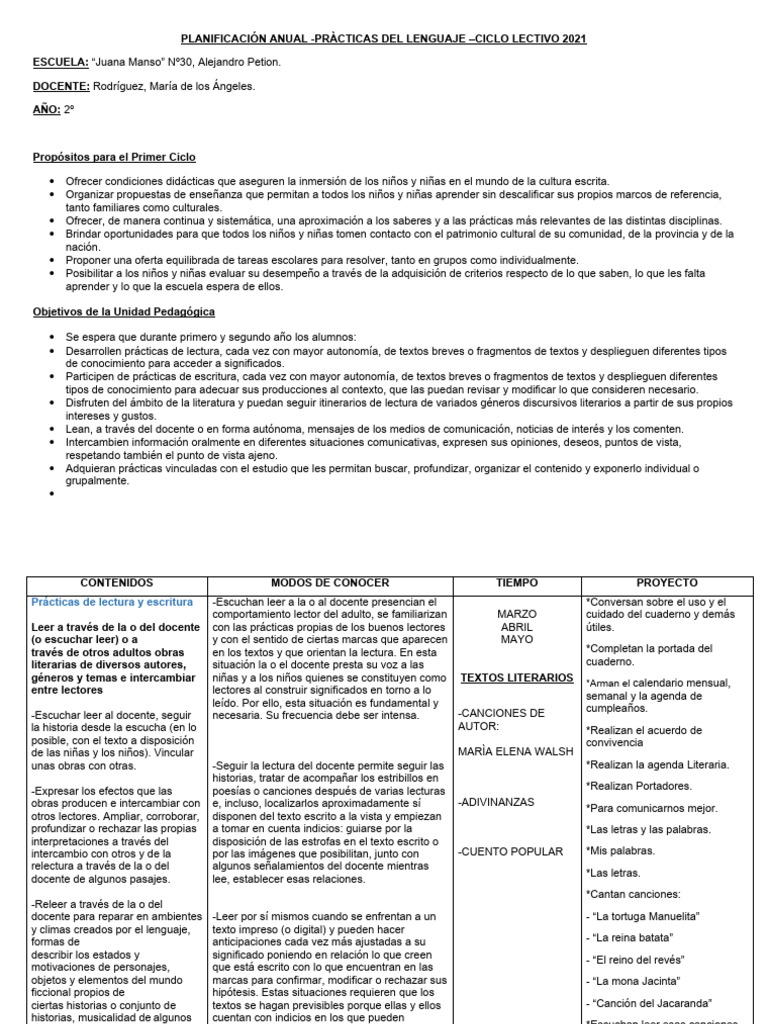 PLANIFICACIÓN ANUAL DE PRACTICAS DEL LENGUAJE 2 grado | PDF | Escritura ...
