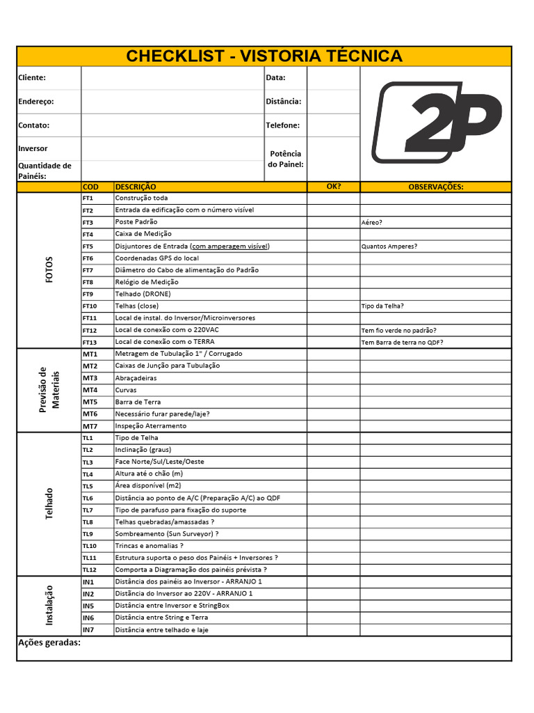 Checklist - Vistoria Técnica para Instalação de Projeto Fotovoltaico | PDF