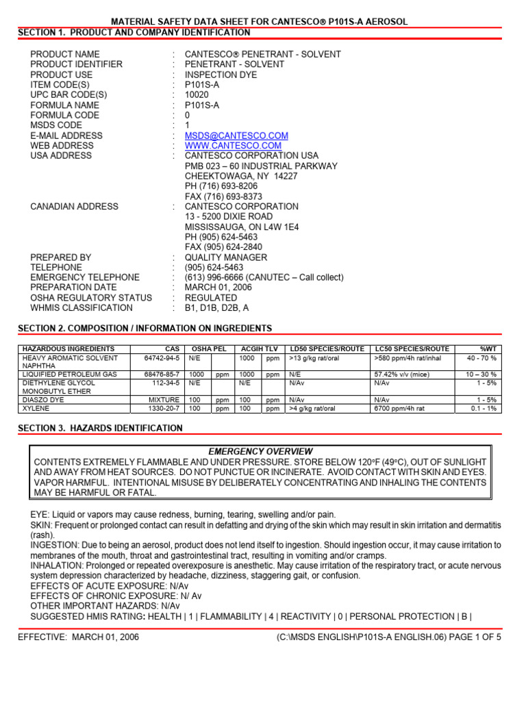 Material Safety Data Sheet For Cantesco Section 1. Product and Company ...