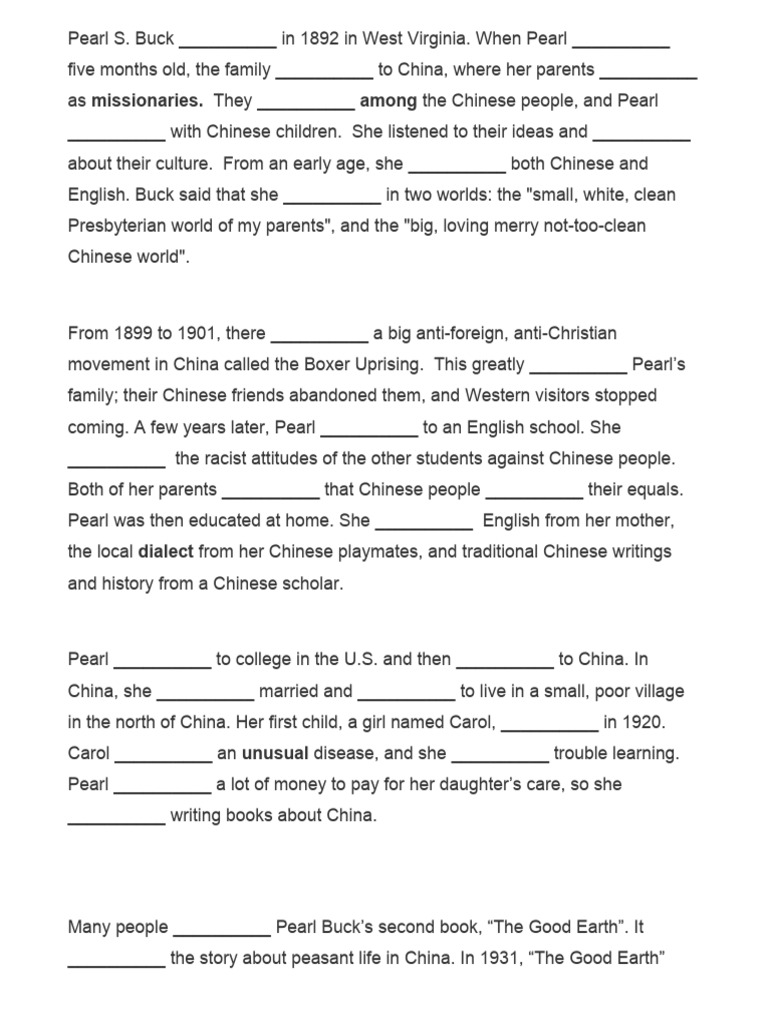Pearl S Buck Cloze Activities Promoting Classroom Dynamics Group Form ...