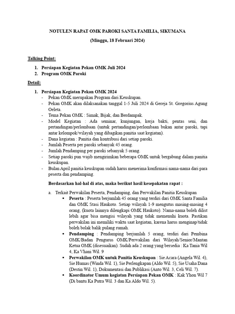 Notulen Rapat OMK St. Familia | PDF
