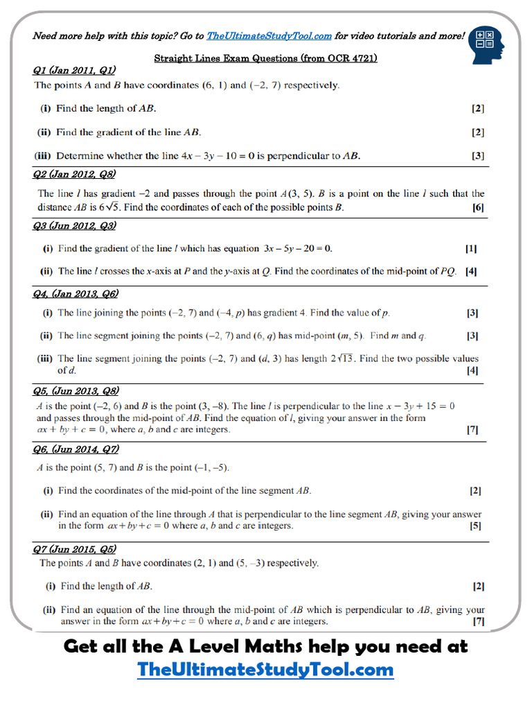 Straight Lines Exam Questions | PDF