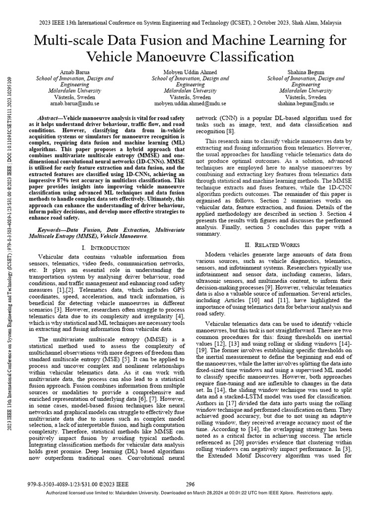 Multi-Scale Data Fusion and Machine Learning For Vehicle Manoeuvre Classification | PDF ...