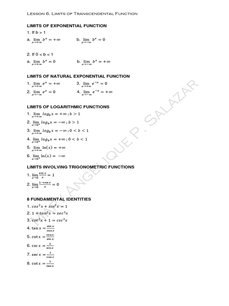 Lesson 6 Limits Of Transcendental Functions Pdf Mathematics Lie