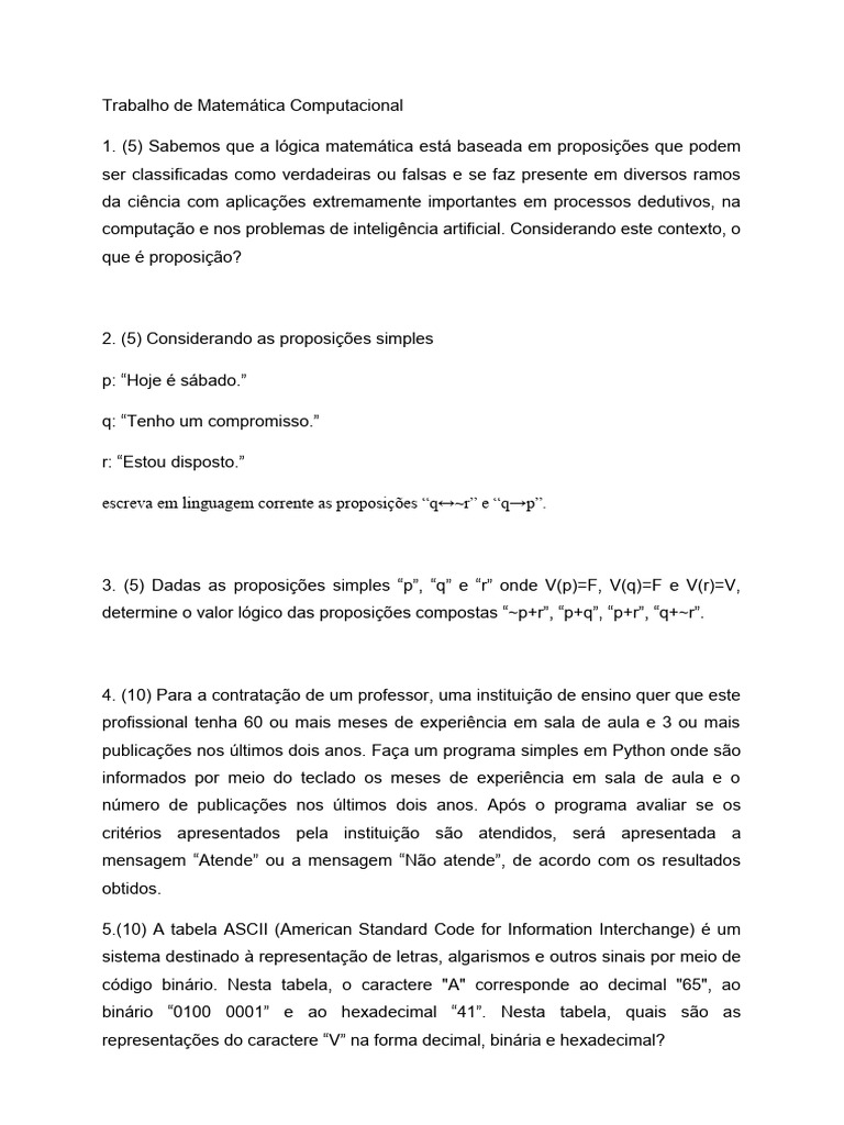 Trabalho Matematica Computacional e Aplicada A1 - 2024 | PDF | Decimal | Ascii