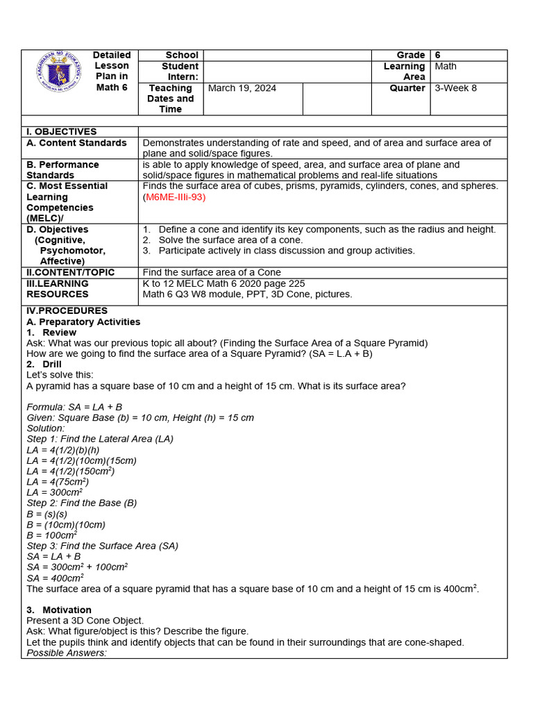 02 Math 6 Lesson Plan about Cone | PDF | Area | Surface Area
