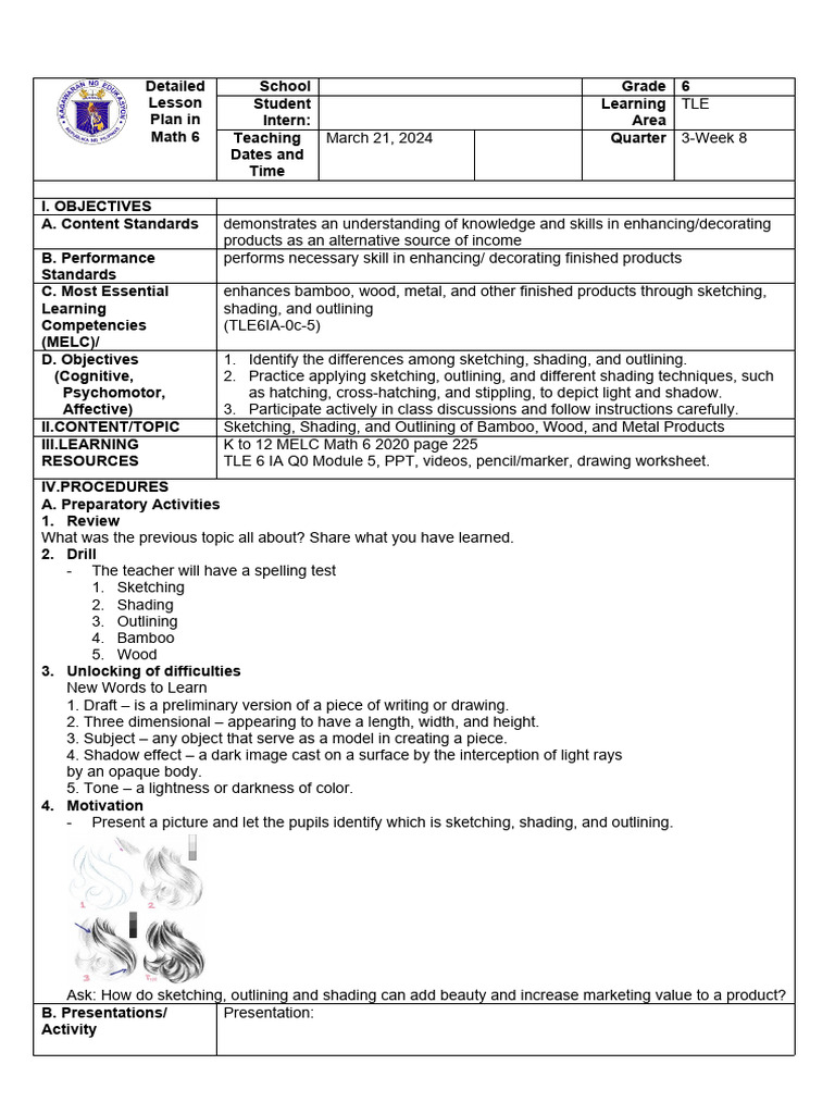 04 TLE 6 Lesson Plan about Sketching, Outlining, and Shading | PDF ...
