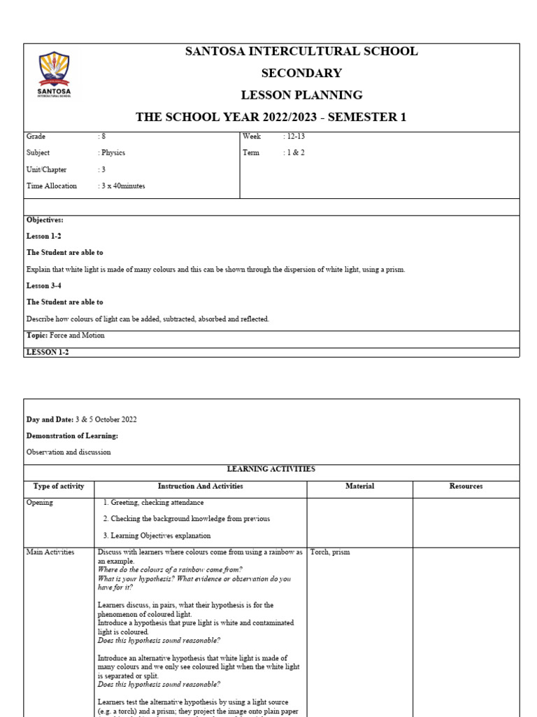 Lesson Plan G8 Week 12-13 | PDF | Color | Learning