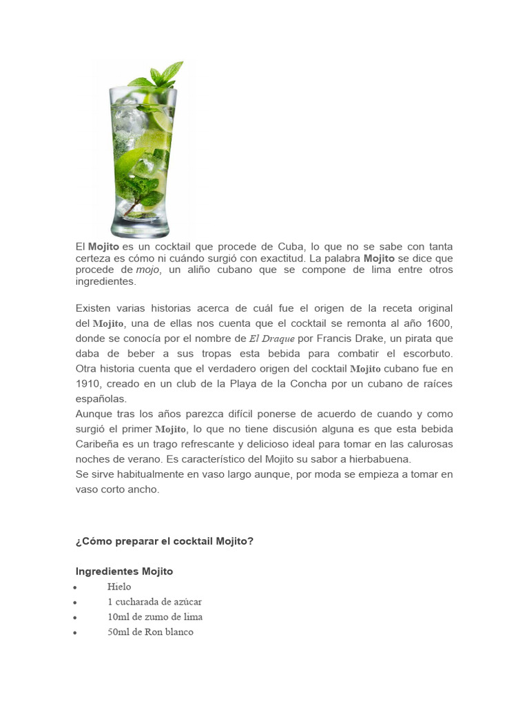 Historia y Receta del Mojito Cubano | PDF