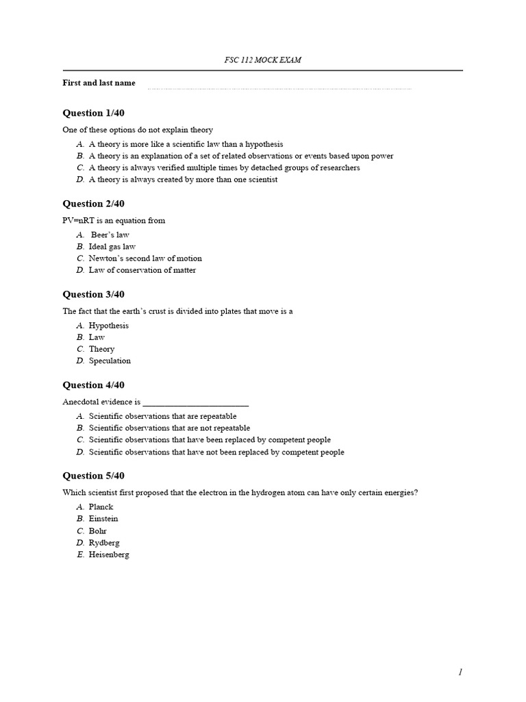 FSC 112 MOCK EXAM - Questions | PDF | Atoms | Electron