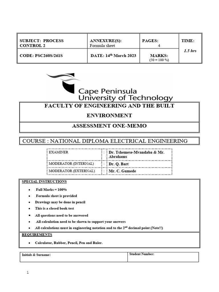 Process Control Assessment Memo | PDF | Mechanics | Mathematics