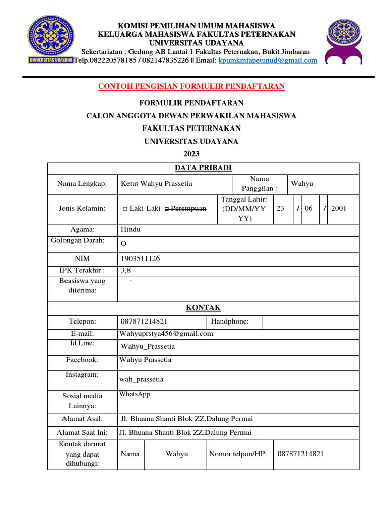 Contoh Pengisian Formulir Pendaftaran DPM Fapet | PDF Contoh Pengisian Formulir Pendaftaran DPM Fapet | PDF