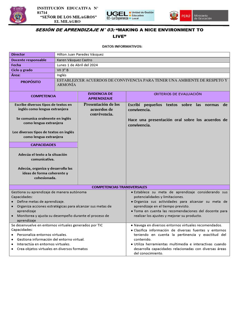 Sesión de Aprendizaje #3 - 3RD B | PDF | Evaluación | Aprendizaje