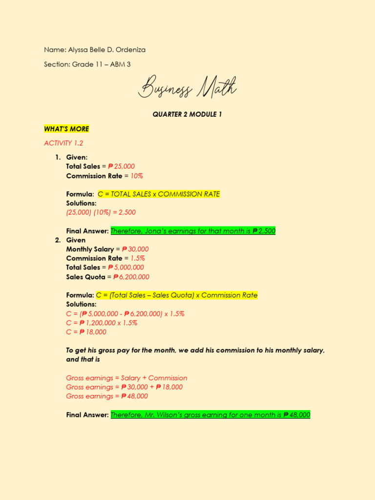 Business Math - Quarter 2 Module 1 (What's More - Activity 1.2) | PDF