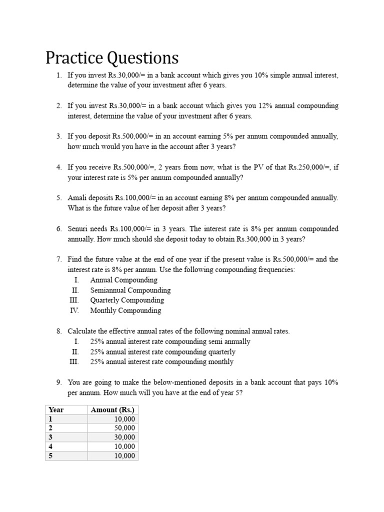 Financial Management Practice Questions | PDF | Present Value | Interest