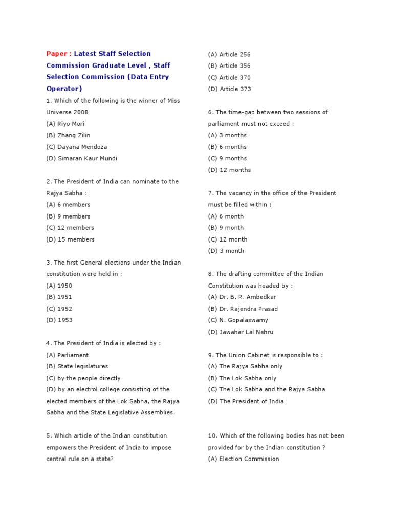 Paper:: Latest Staff Selection Commission Graduate Level, Staff ...
