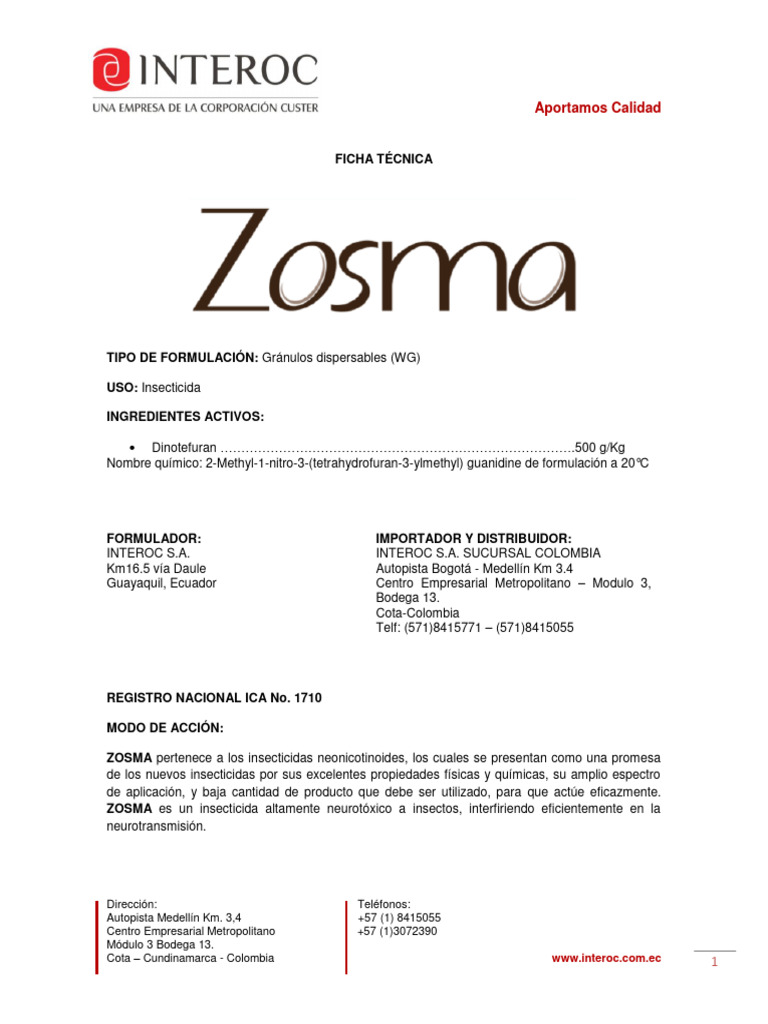 Ficha Técnica de Zosma Insecticida | PDF | Pesticida | Agua