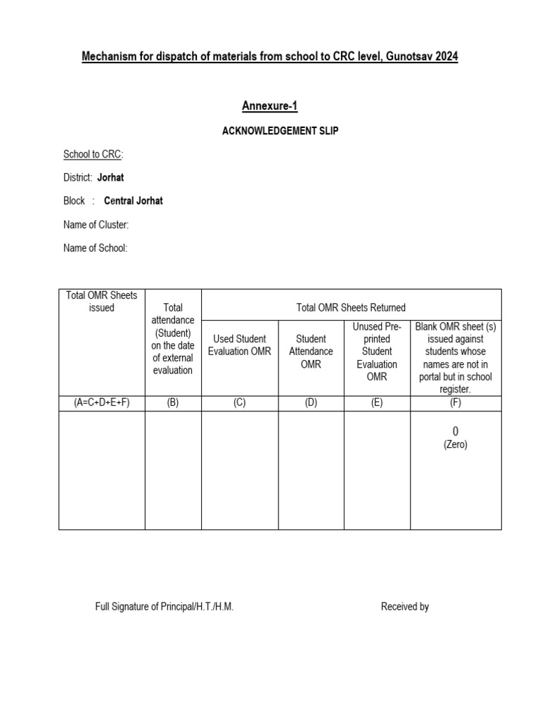 SCHOOL TO LO Packeting Acknowledgement Slip Gunotsav2024 - School To ...