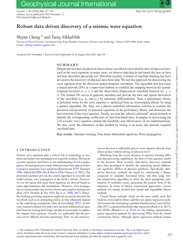 Robust data driven discovery of a seismic wave equation | PDF ... Robust data driven discovery of a seismic wave equation | PDF ...